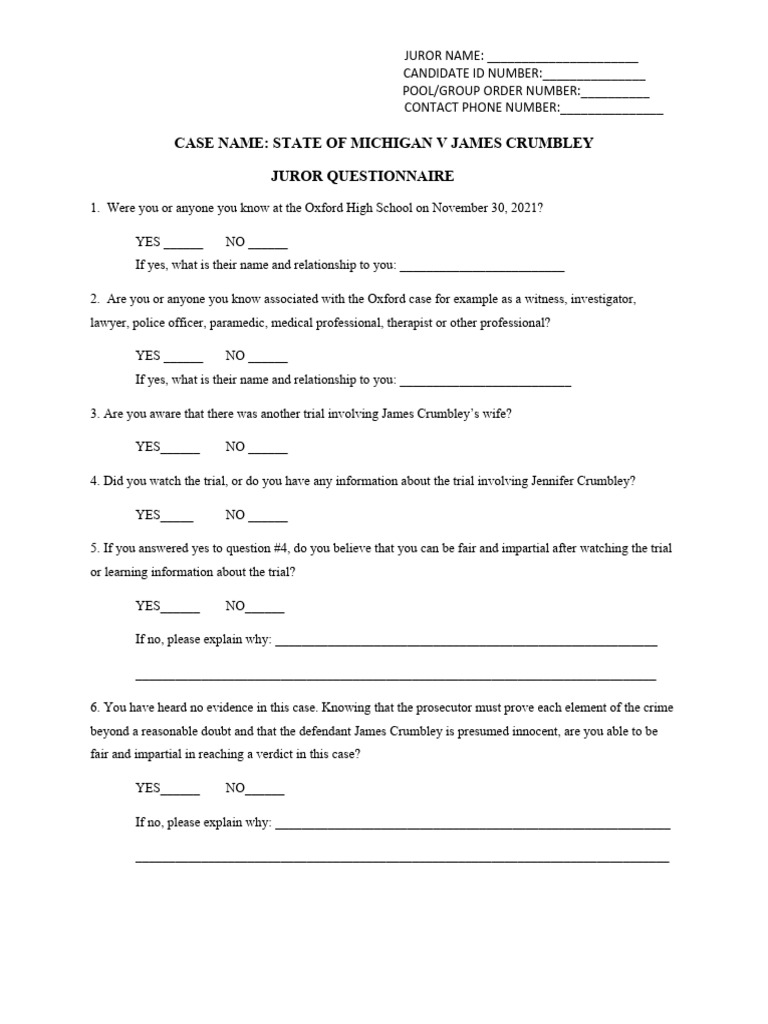 Jury Questionnaire For James Crumbley Trial | PDF