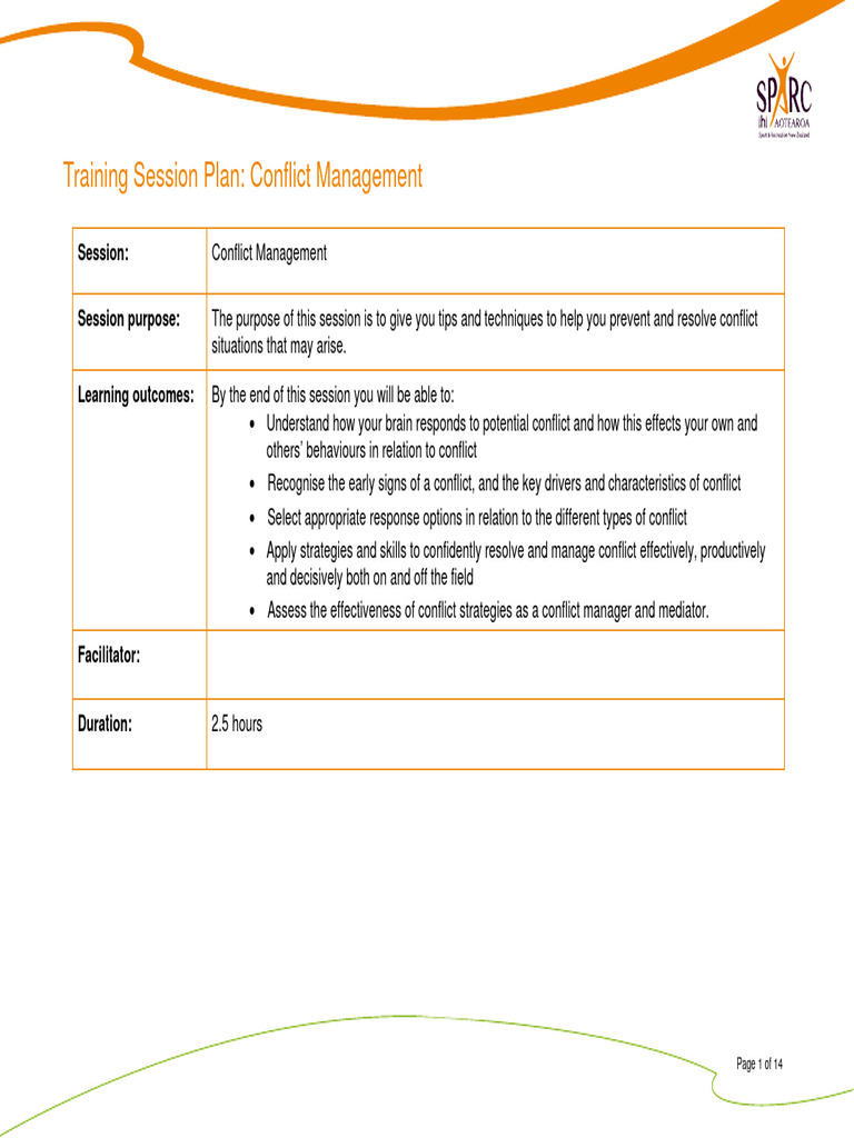 Conflict Management Training Session Plan | PDF | Communication | Psychology