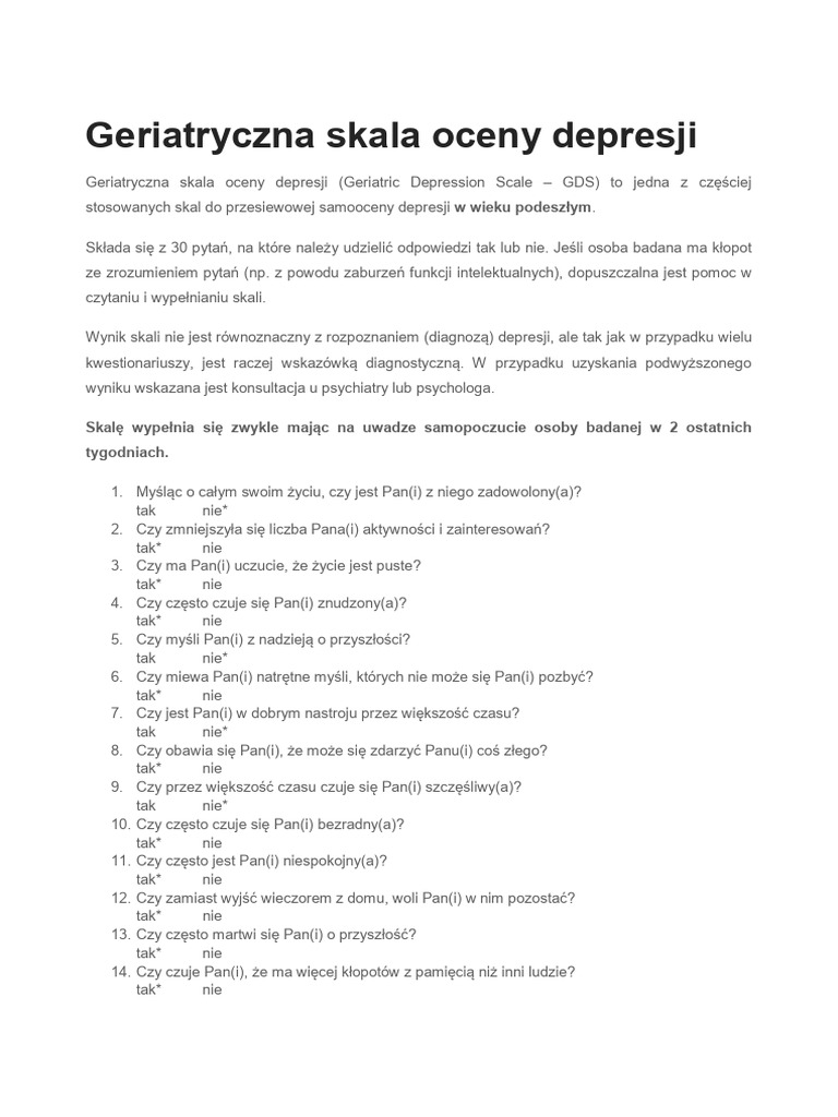 Geriatryczna Skala Oceny Depresji | PDF