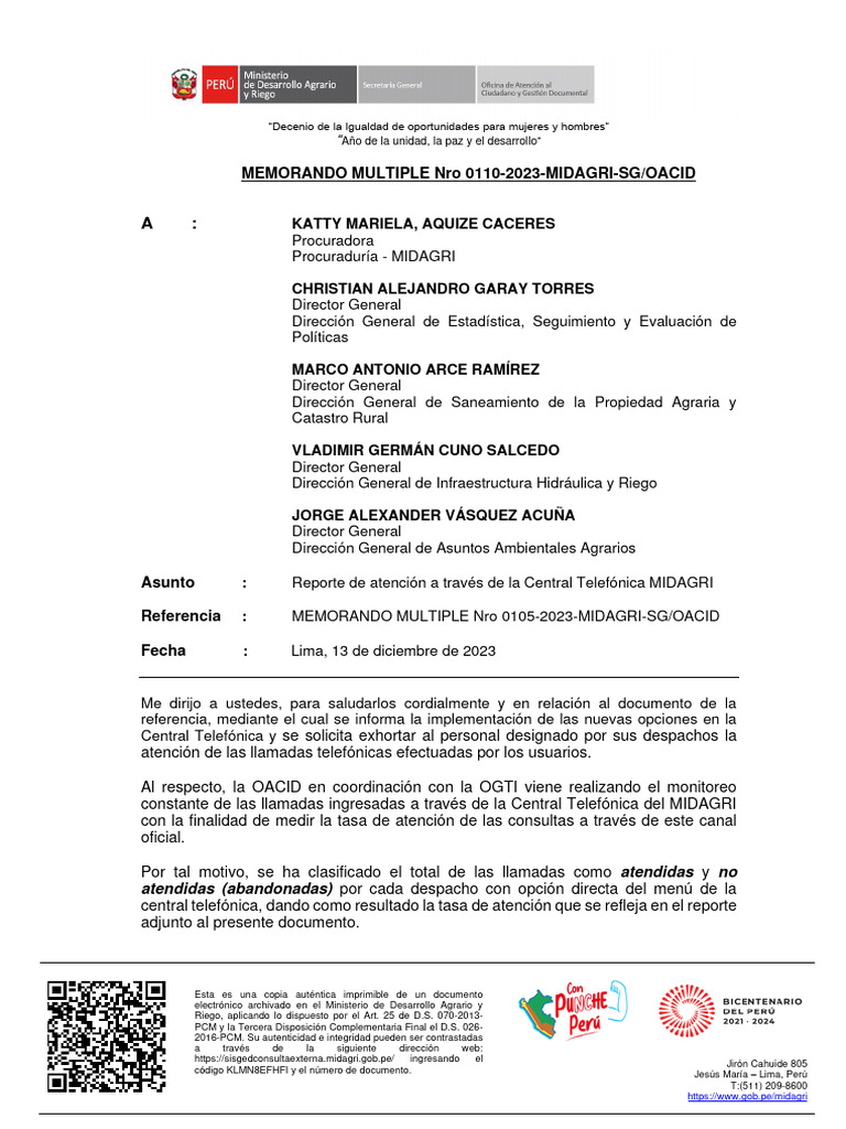 MEMORANDO MULTIPLE Nro 0110-2023-MIDAGRI-SG OACID | PDF