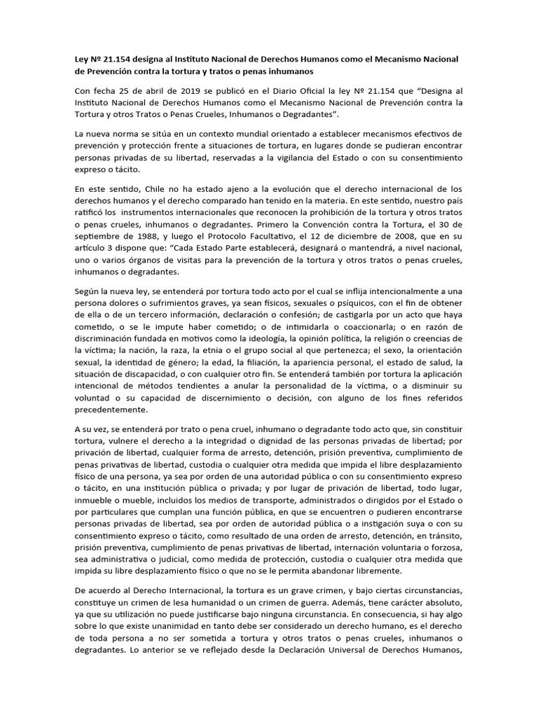 Ley #21.154 Designa Al Instituto Nacional de Derechos Humanos Como El ...