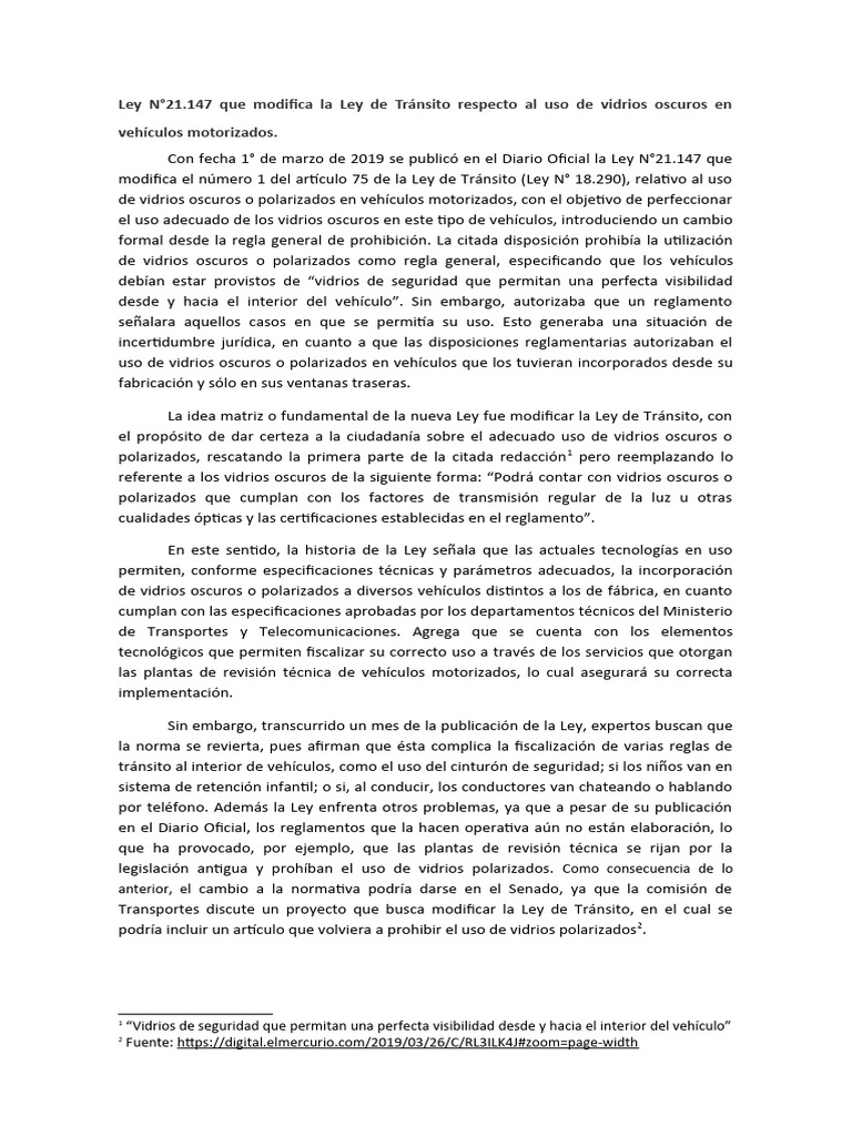 Ley #21147 Modifica La Ley de Transito Respecto Al Uso de Vidrios Polarizados | PDF | Regulación ...