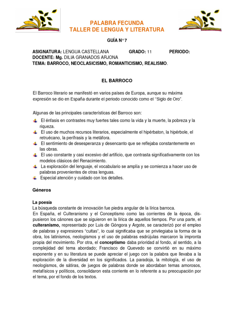 Guía N°7 Literatura Del Barroco, Neoclasicismo, Romanticismo y Realismo Grado 11 | PDF ...