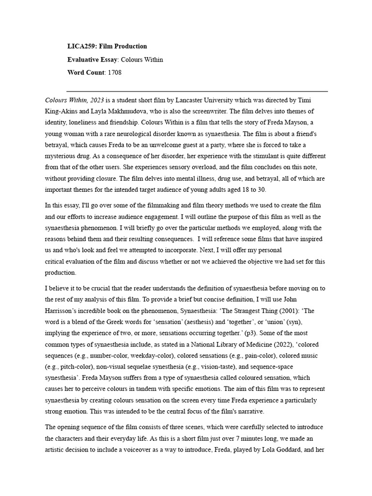 Evaluative Essay on "Colours Within" | PDF | Experience | Color
