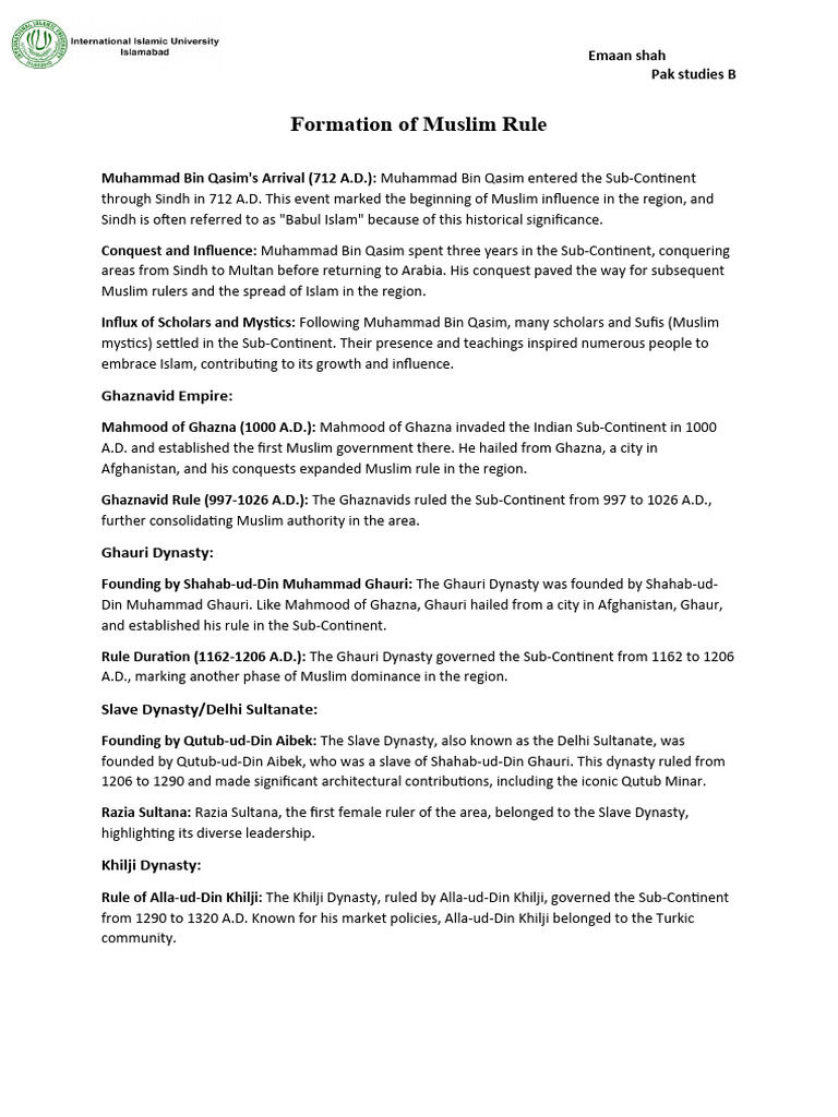 Formation of Muslim Rule by Emaan | PDF | Mughal Empire | South Asia