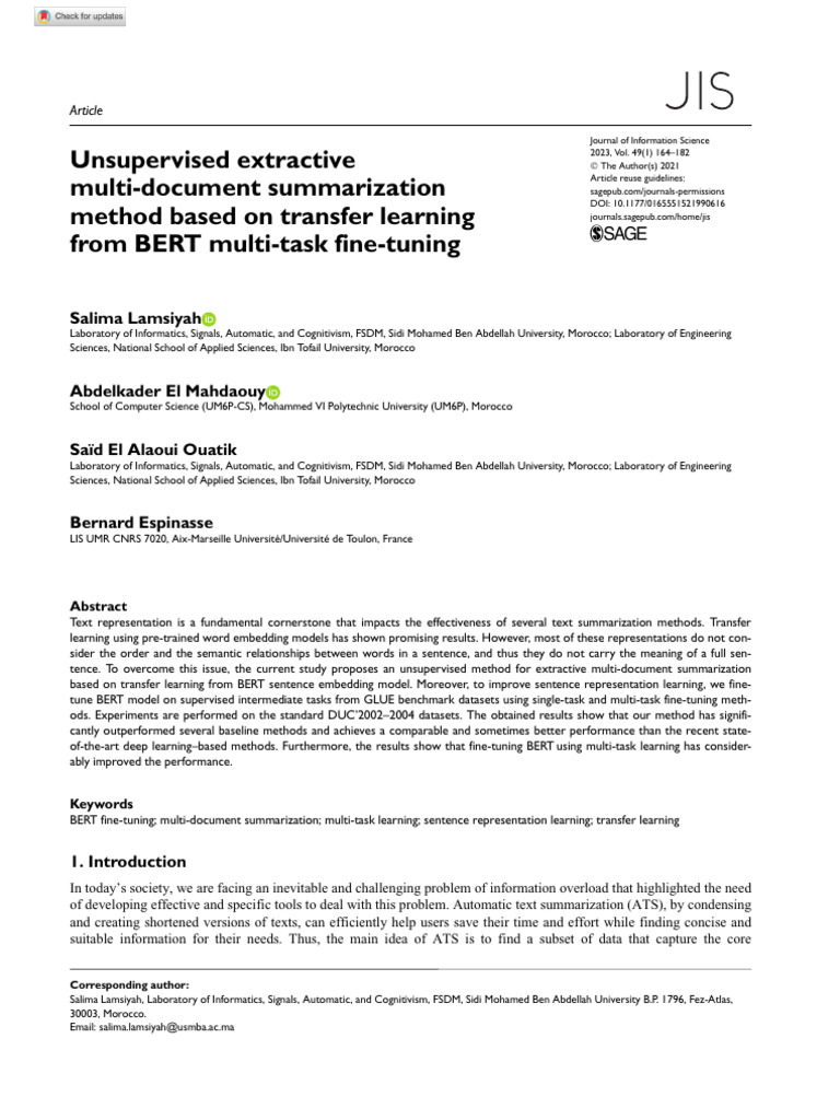 Unsupervised Extractive Multi-Document Summarization Method Based On Transfer Learning From BERT ...
