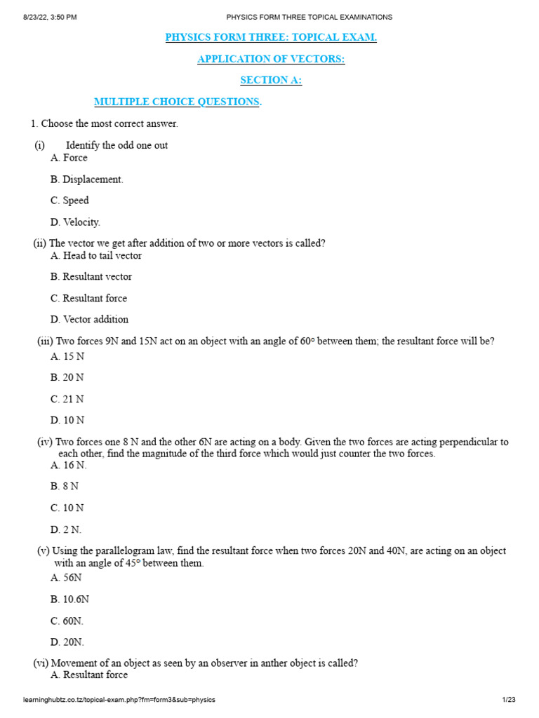 Physics Form Three Topical Examinations | PDF | Friction | Electrical ...
