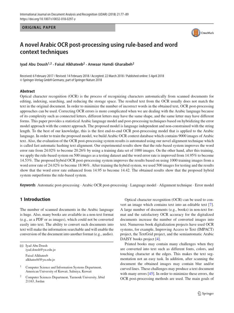 A Novel Arabic OCR Post Processing Using | PDF | Optical Character ...