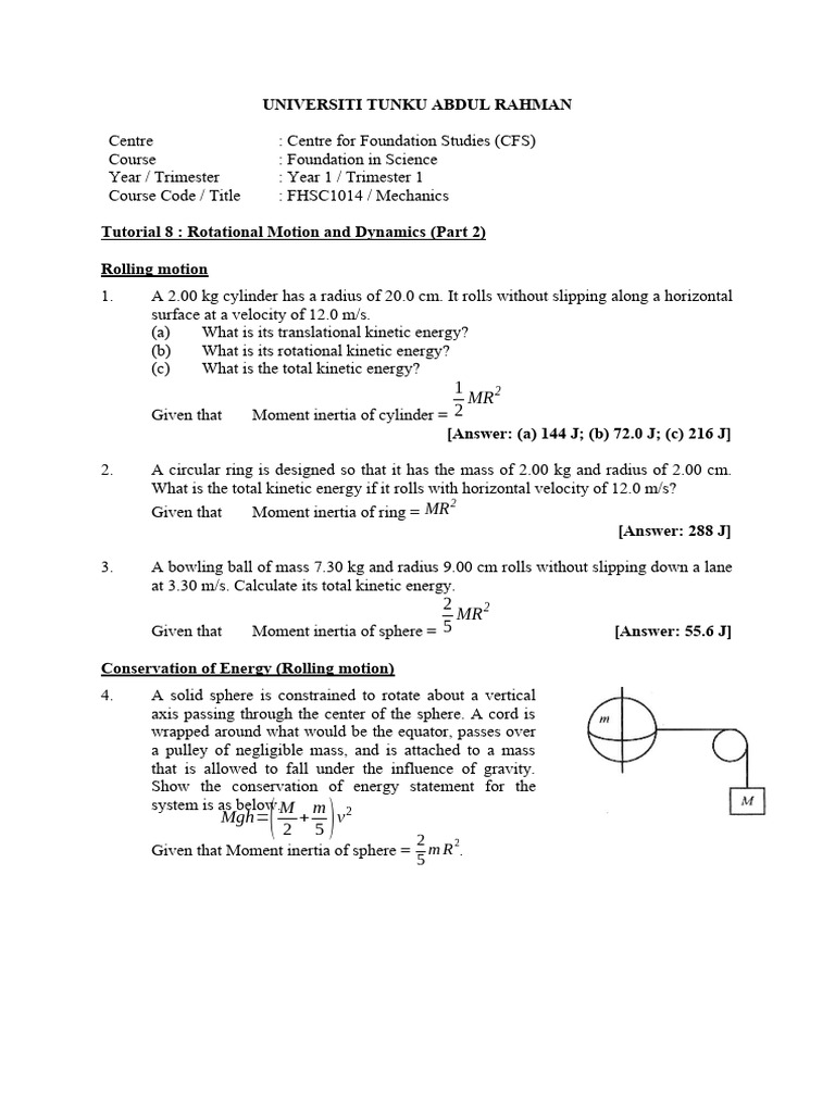 FHSC1014 Mechanics Tutorial 8 | PDF | Rotation Around A Fixed Axis | Metrology