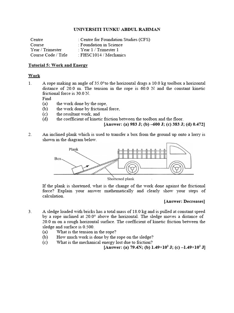 Mechanics Tutorial: Work and Energy Concepts | PDF | Force | Friction
