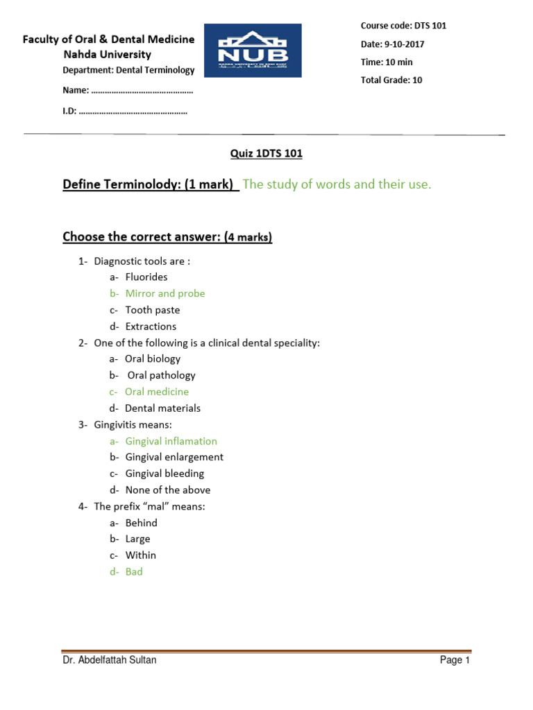 Quiz 1DTS 101 - Model Answers - PDF - 109803 | PDF | Dentistry ...