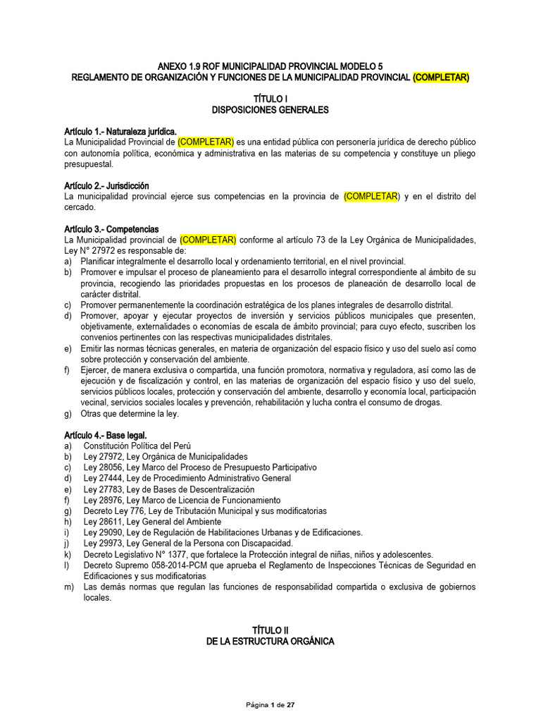Modelo ROF 5_Municipalidad provincial | PDF | Alcalde | Presupuesto