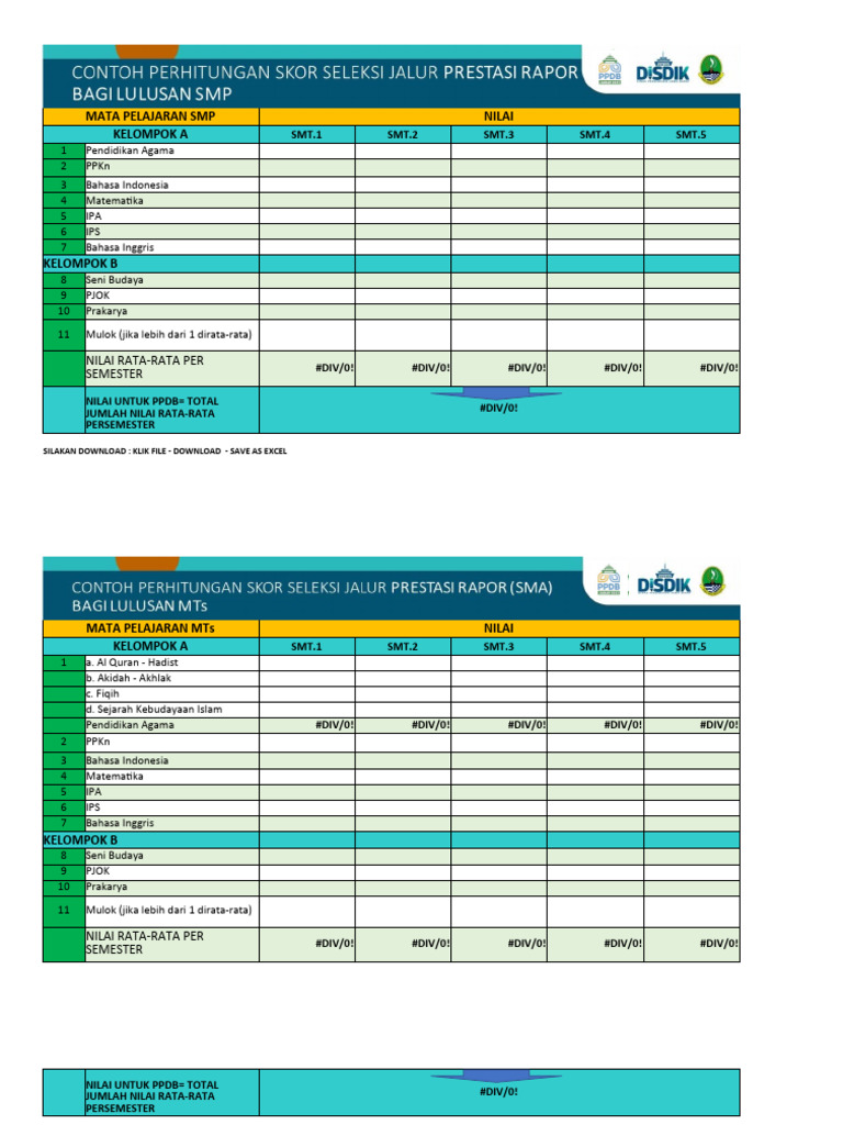 Format Hitung Skor Jalur Prestasi Rapor SMA-PPDB Jabar 2023 | PDF