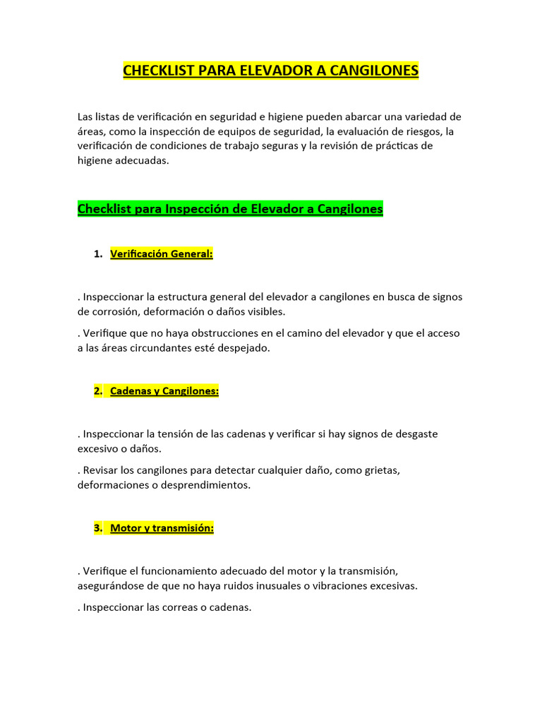 Checklist de Inspección Elevador Cangilones | PDF
