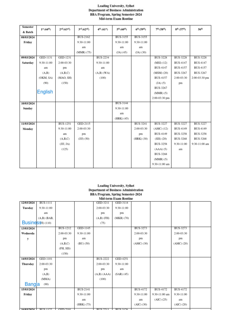 BBA Exam Routine (Updated 03.03.24) | PDF