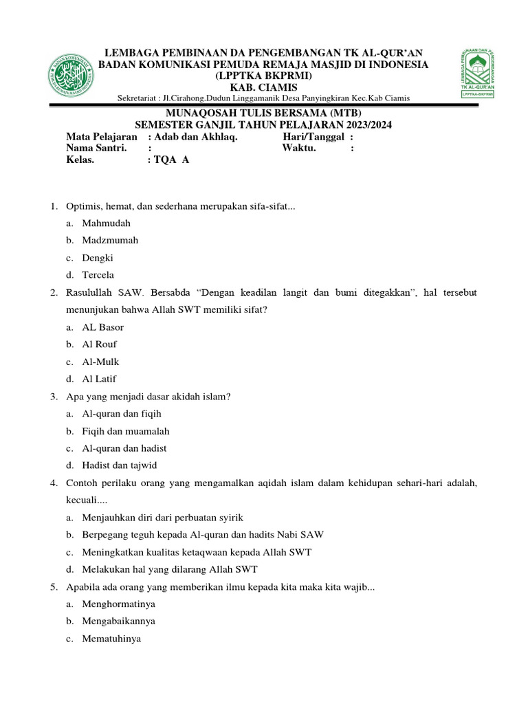 Soal TQA 2023. Adab Dan Akhlaq | PDF