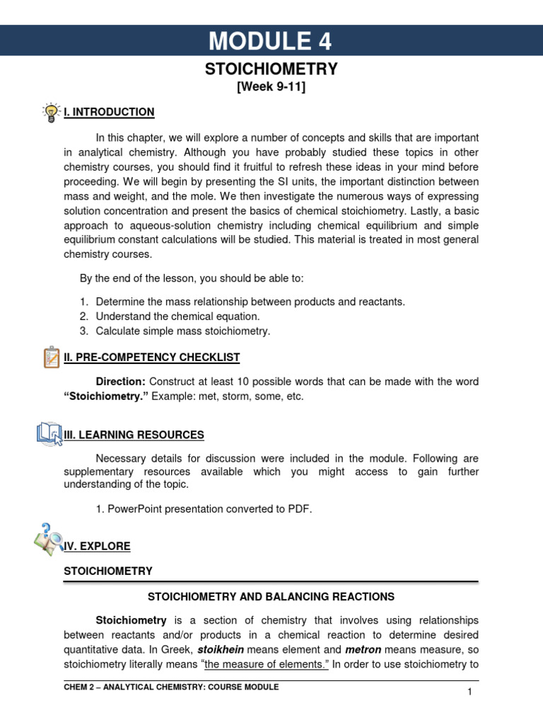 CHEM 2 - Module 4 Stoichiometry | PDF | Mole (Unit) | Stoichiometry