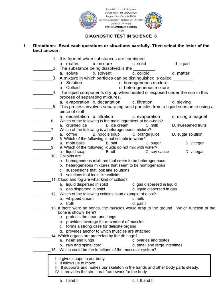 Science Diagnostic Test Questions | PDF | Mixture | Human Body