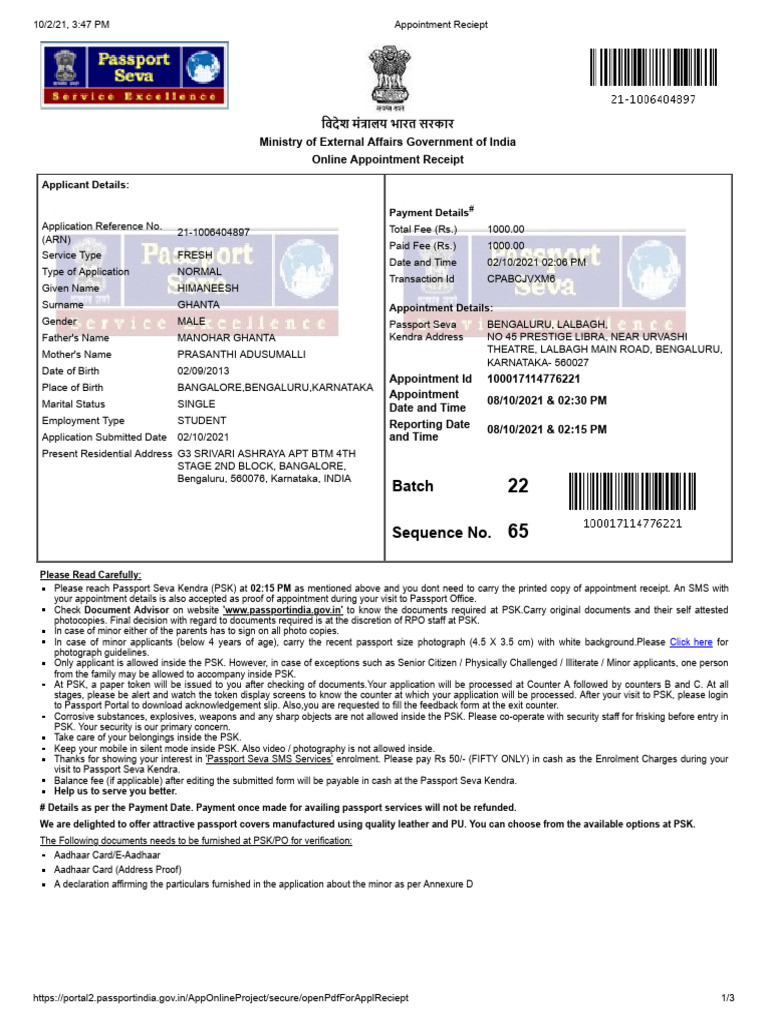 Appointment Reciept Himu | PDF | Identity Document | Birth Certificate