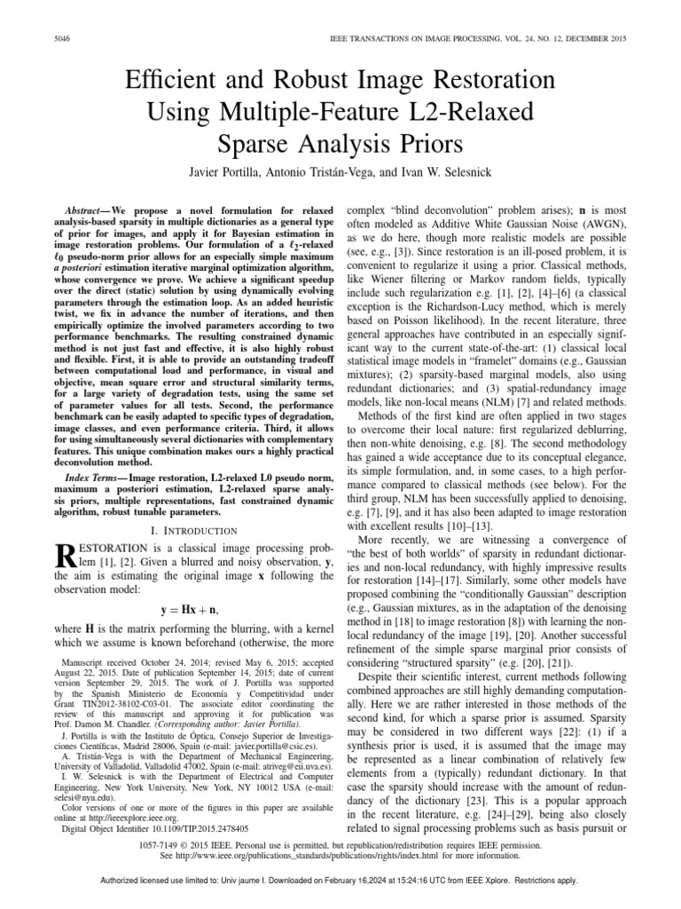 Efficient and Robust Image Restoration Using Multiple-Feature L2-Relaxed Sparse Analysis Priors ...