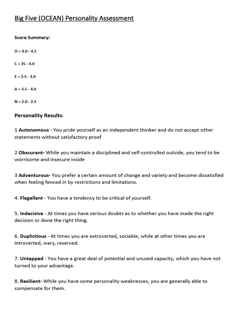 Big Five (OCEAN) Personality Assessment | PDF