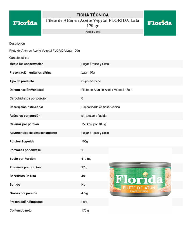Ficha Tecnica de Filete de Atún Florida | PDF