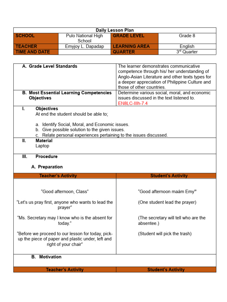 Daily Lesson Plan | PDF | Learning | Teachers