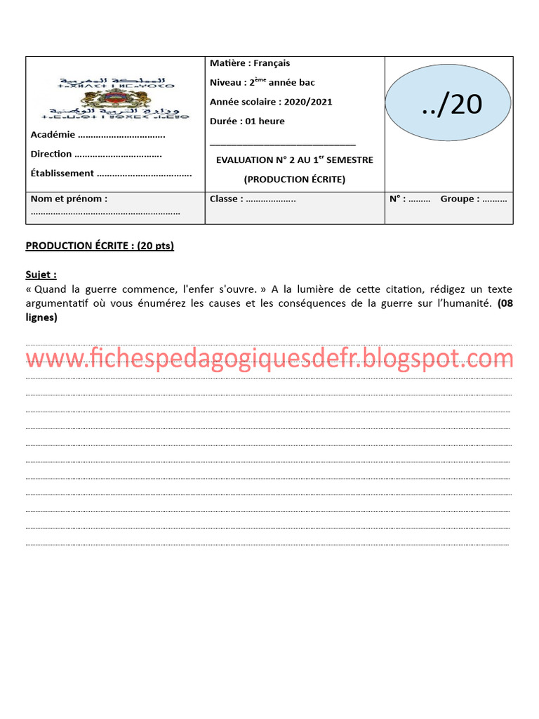 Evaluation N 2 Au 1er Semestre 2eme Annee Bac Candide | PDF