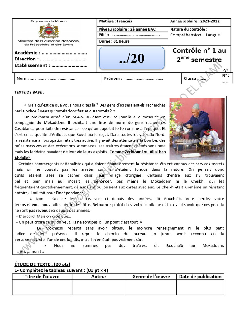 EVALUATION #1 Et 2 Au 2ème Semestre - 2 Bac (Il Était Une Fois Un Vieux Couple Heureux) Said El ...