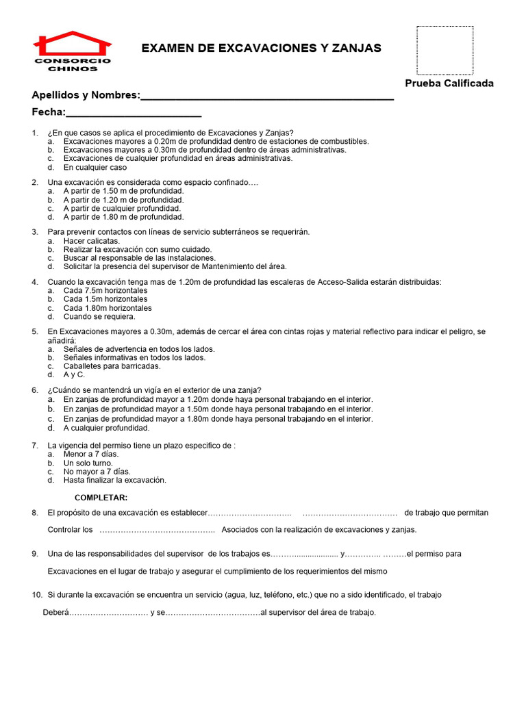 3-Examen de Excavaciones y Zanjas | PDF