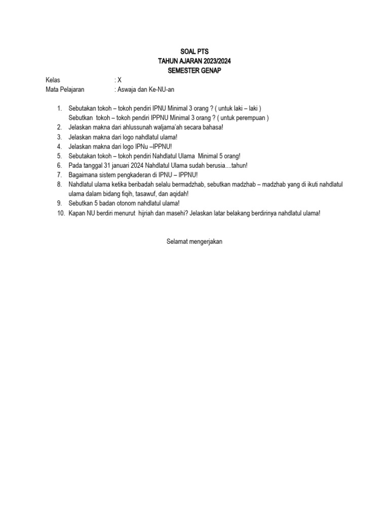 SOAL PTS Aswaja Kelas 10 | PDF | Ilmu Sosial | Sains & Matematika
