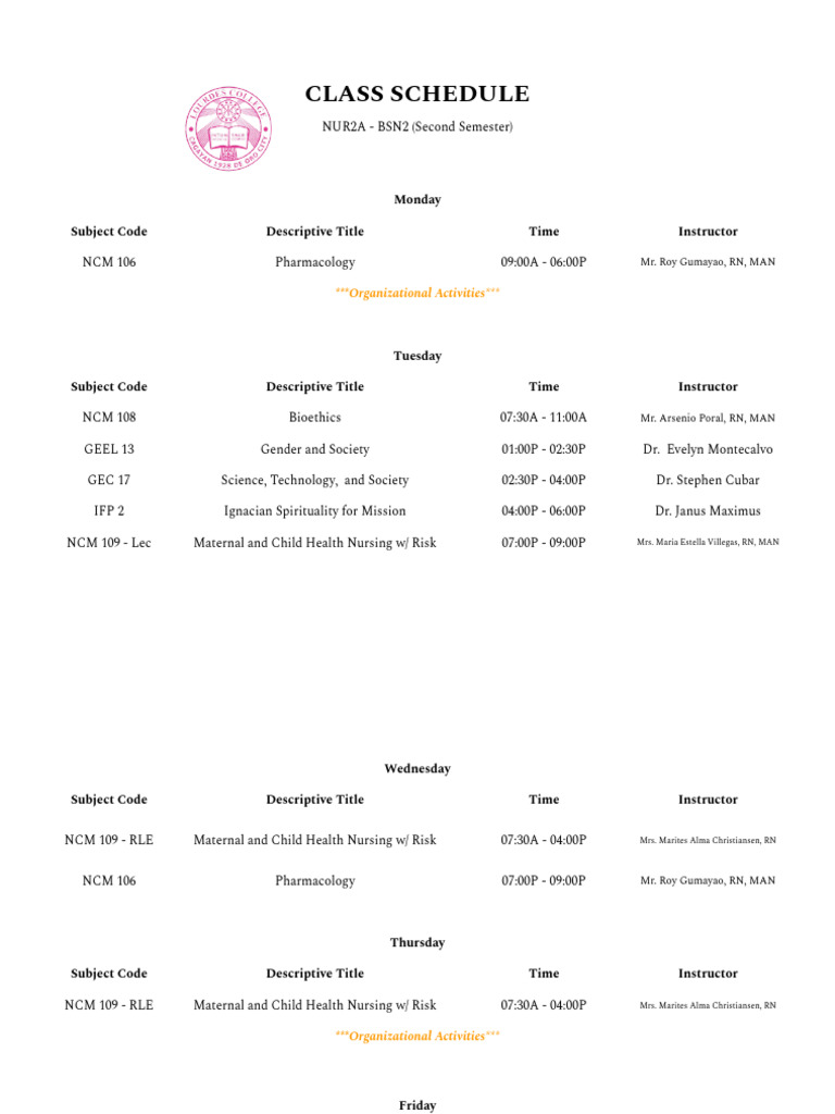 BSN2 Second Semester Schedule | PDF