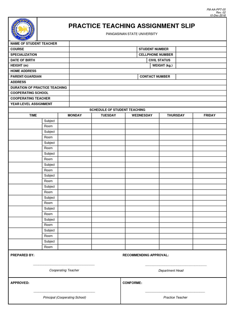Practice Teaching Assignment Slip | PDF