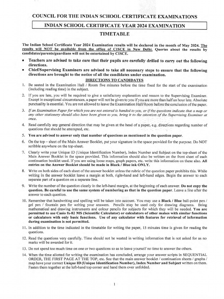 ISC 2024 Time Table Final | PDF