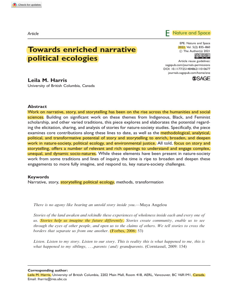 Harris 2021 Towards Enriched Narrative Political Ecologies | PDF | Social Science | Science ...