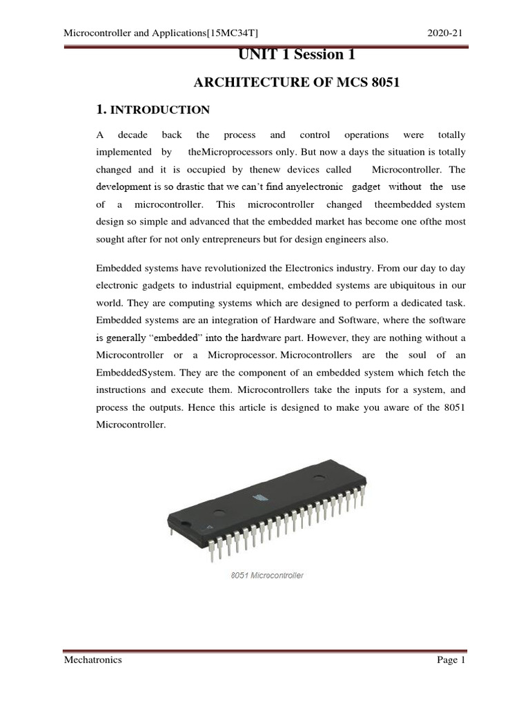 UNIT 1 Session 1: Architecture of Mcs 8051 1 | PDF | Central Processing Unit | Microcontroller