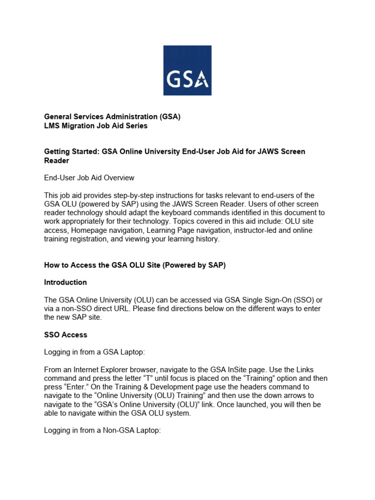 GSA - OLU - JAWS End User Job Aid | PDF | Menu (Computing) | Login