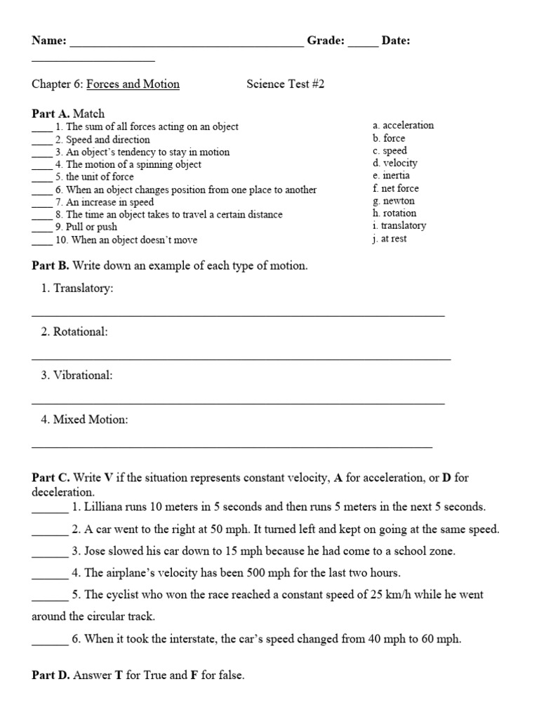 Exam 6 6th Grade CH 6 | PDF | Force | Speed