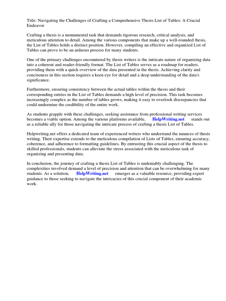 Thesis List of Tables Example | PDF | Thesis | Written Communication