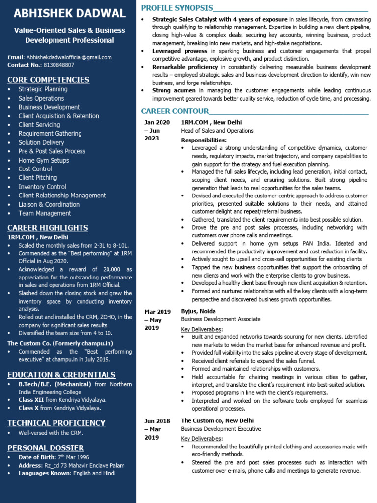 Resume Abhishek Dadwal | Download Free PDF | Sales | Customer Relationship Management
