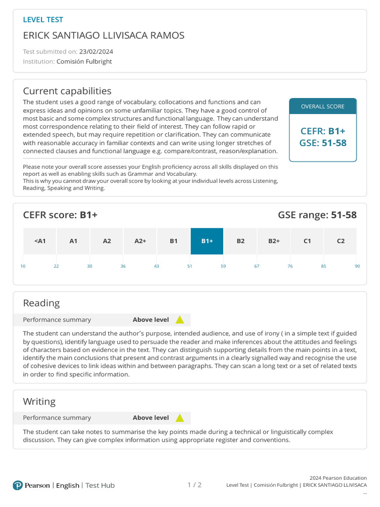 English Proficiency Level Test Results | PDF | Vocabulary | Learning