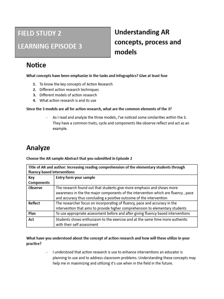 Understanding AR Concepts, Process and Models Notice: Field Study 2 ...
