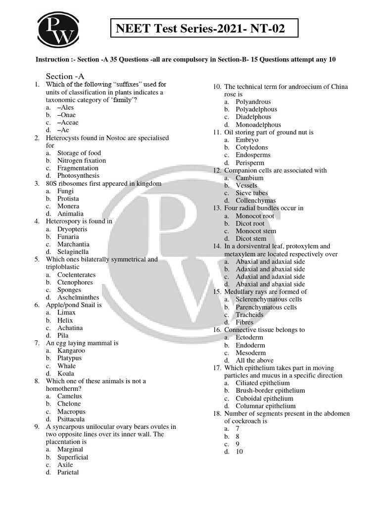 NEET Biology Test Questions 2021 | PDF