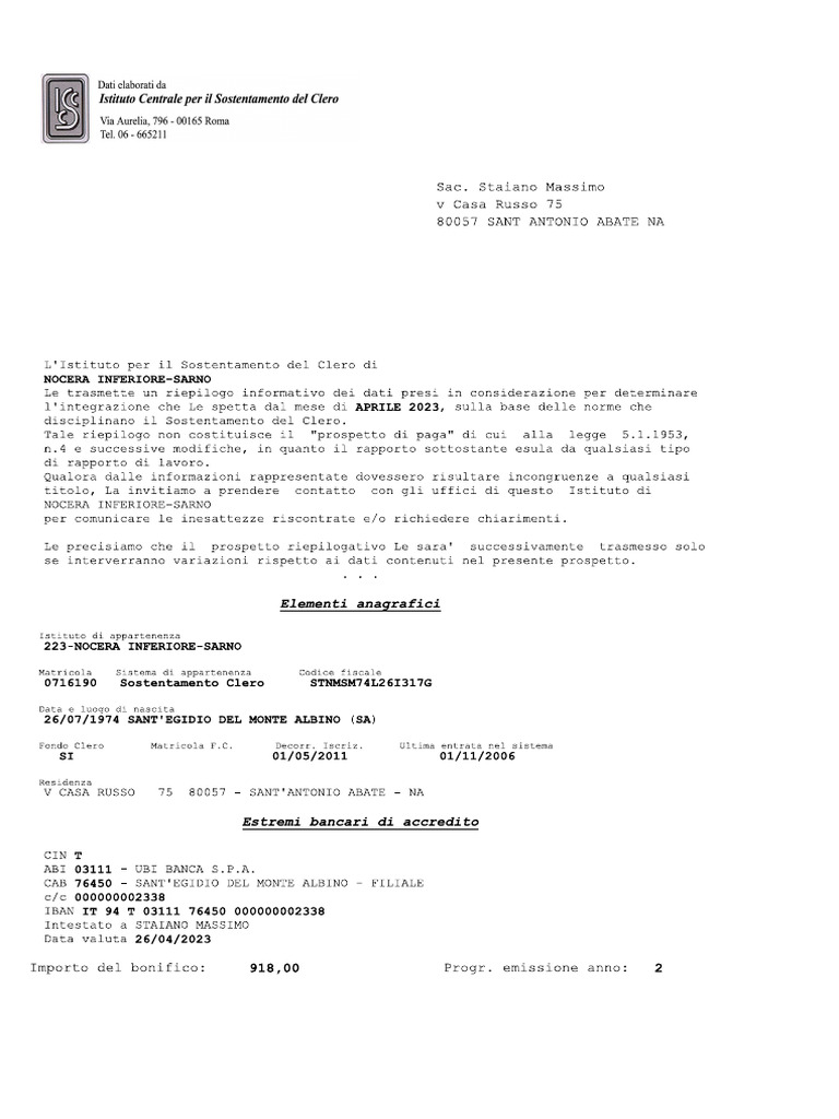 Cedolino 04-2023 Don Massimo Staiano | PDF