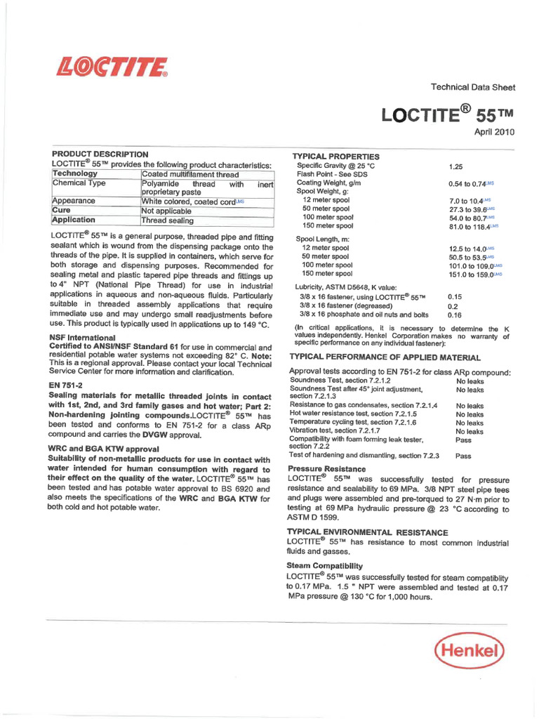 Loctite 55 Hygene Cert | PDF