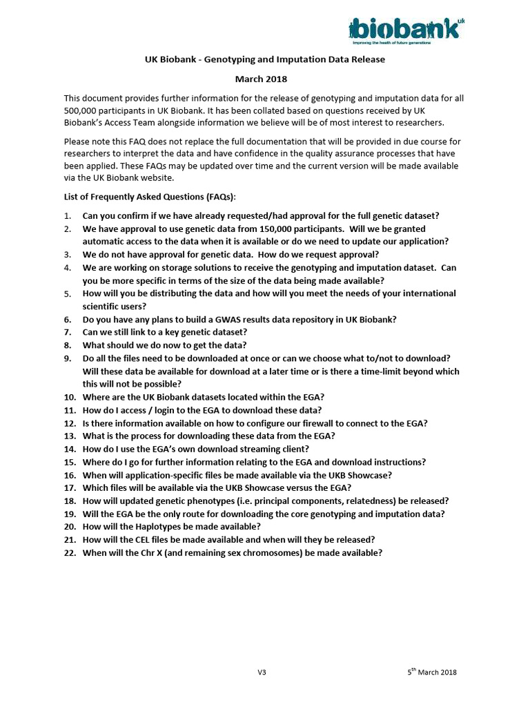 Ukb Genotyping and Imputation Data Release Faq v3 2 1 | PDF | Genome Wide Association Study | Data