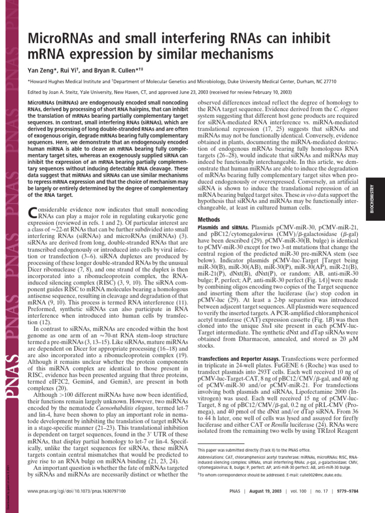 MicroRNAs and Small Interfering RNAs Can Inhibit mRNA Expression by Similar Mechanisms | PDF ...