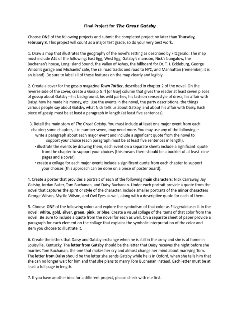 Great Gatsby Final Project Options | PDF | General Fiction