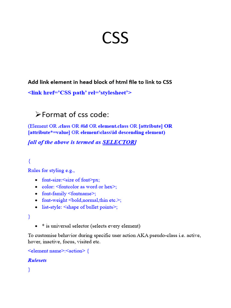 Format of Css Code:: Add Link Element in Head Block of HTML File To Link To CSS | PDF | Html ...