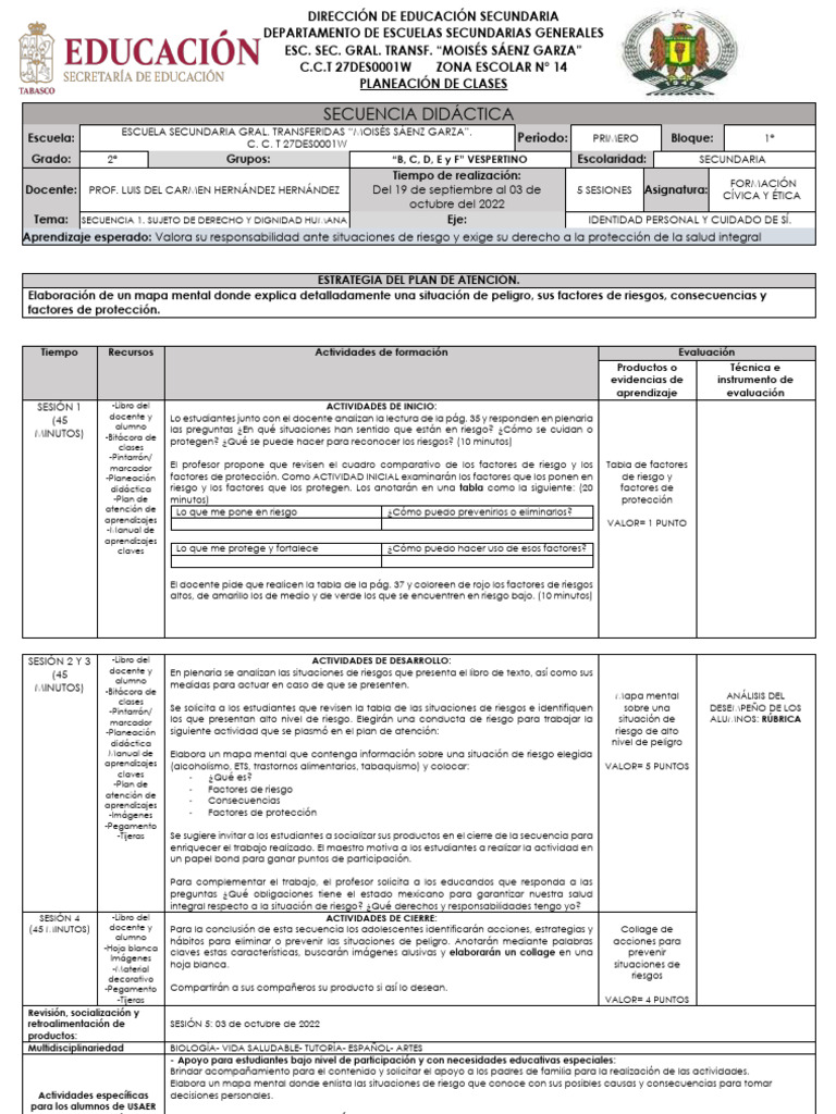 Secuencia Didáctica 1. Sujeto de Derecho y Dignidad Humana. Del 19 Sep ...